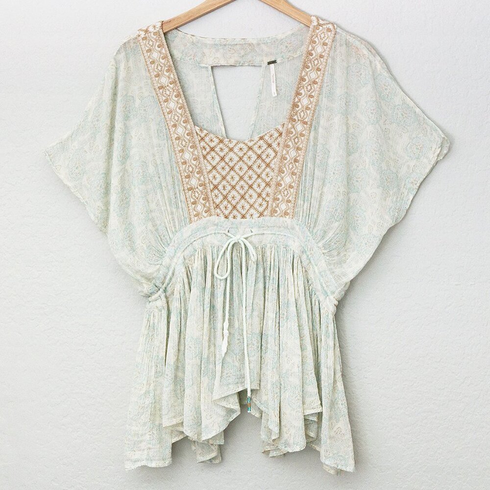 Free People Boho Peasant Embroidered Cotton Sheer Blo… - Gem